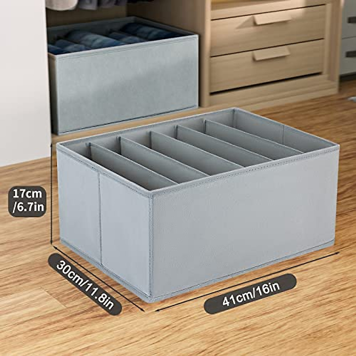 DIMJ Large Wardrobe Clothes Organizer, 6 Cells Large Jeans Organizers, Foldable Clothing Drawer Organizers, Closet Organizers and Storage Bins for Clothes, Jeans, Wardrobe, 2 Packs (Grey)
