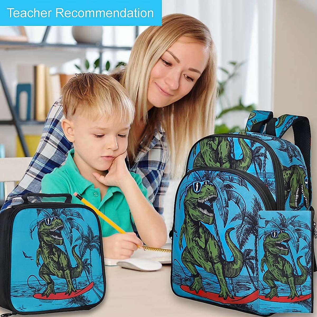 gxtvo 3PCS Dinosaur Backpack Boys, 16" Kids Preschool Elementary Dino Bookbag and Lunch Box