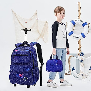 Meetbelify Backpack with Wheels for Boys Rolling Backpack Kids Luggage with Lunch Box Set for Elementary Students Travel Laptop Suitcase