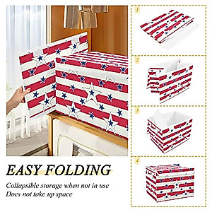Oyihfvs American Patriotic Blue Stars Red Stripes Independence Memorial Foldable Cube Storage Basket Collapsible Fabric with Lidded Sturdy Handles Organizer Box for Home Bedroom 16.5 x 12.6 x 11.8 in