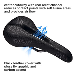 Terry Fly Carbon Mountain Bicycle Saddle - Bicycle Seat for Men - Flexible & Comfortable - Lightweight, Low Profile, Flat Top - Black Leather