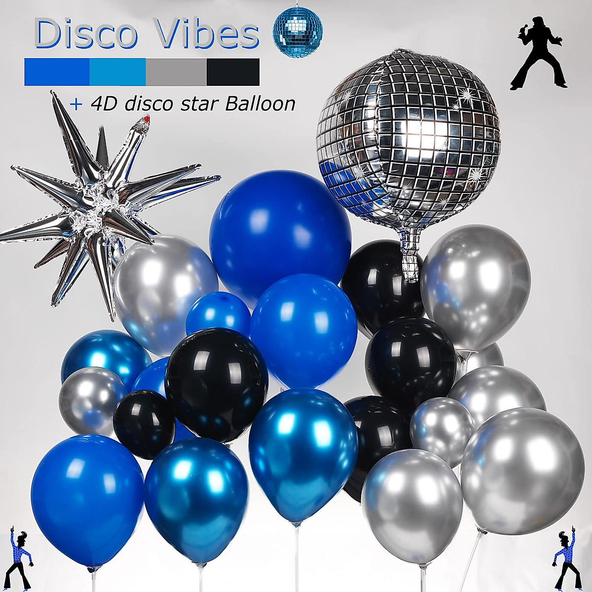 Blue and Black Silver Balloon garland kit 140pcs Royal blue and silver starburst Disco ball balloons for men 30th Birthday Party graduation 80s 90s Disco theme Decorations