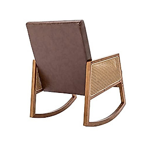 Olela Rocking Chair Nursery, Mid Century Modern Glider Chair Faux Leather Upholstered Rattan Chair, Modern Single Accent Chair with Wood Arm Rests for Living Room Bedroom Office (Brown-PU)
