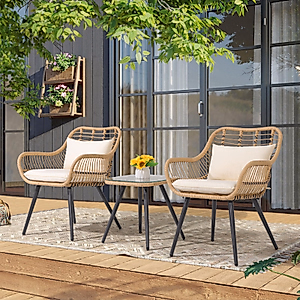 JOIVI 3 Piece Outdoor Wicker Conversation Bistro Set, Patio Furniture Rattan Chairs and Square Side Table Set for Porch, Balcony, Poolside, Yard, White Cushion