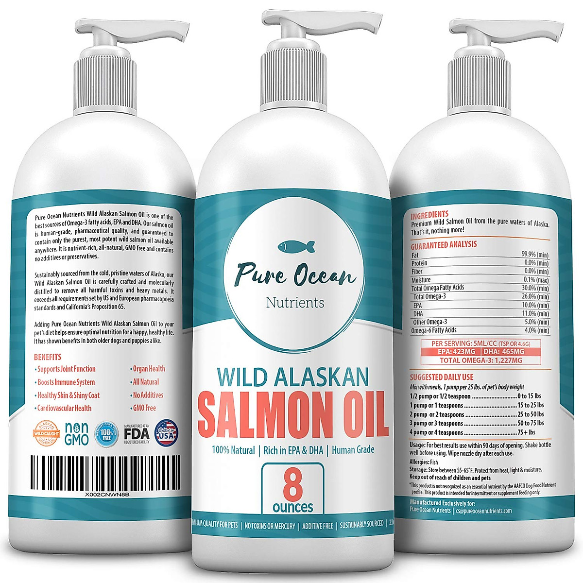 Wild Alaskan Salmon Oil for Dogs and Cats 8 Ounce; Natural Supplement with Omega 3's to Support Joint, Heart, and Immune Health; Promotes a Shiny Soft Coat and Healthy Skin