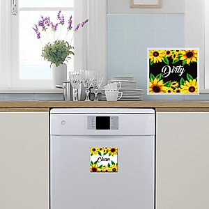 Dishwasher Magnet,Clean Dirty Sign Indicator- Double Sided Magnet with Bonus Universal Magnetic Plate, Kitchen Dish Washer Refrigerator Reversible Indicator Sunflower