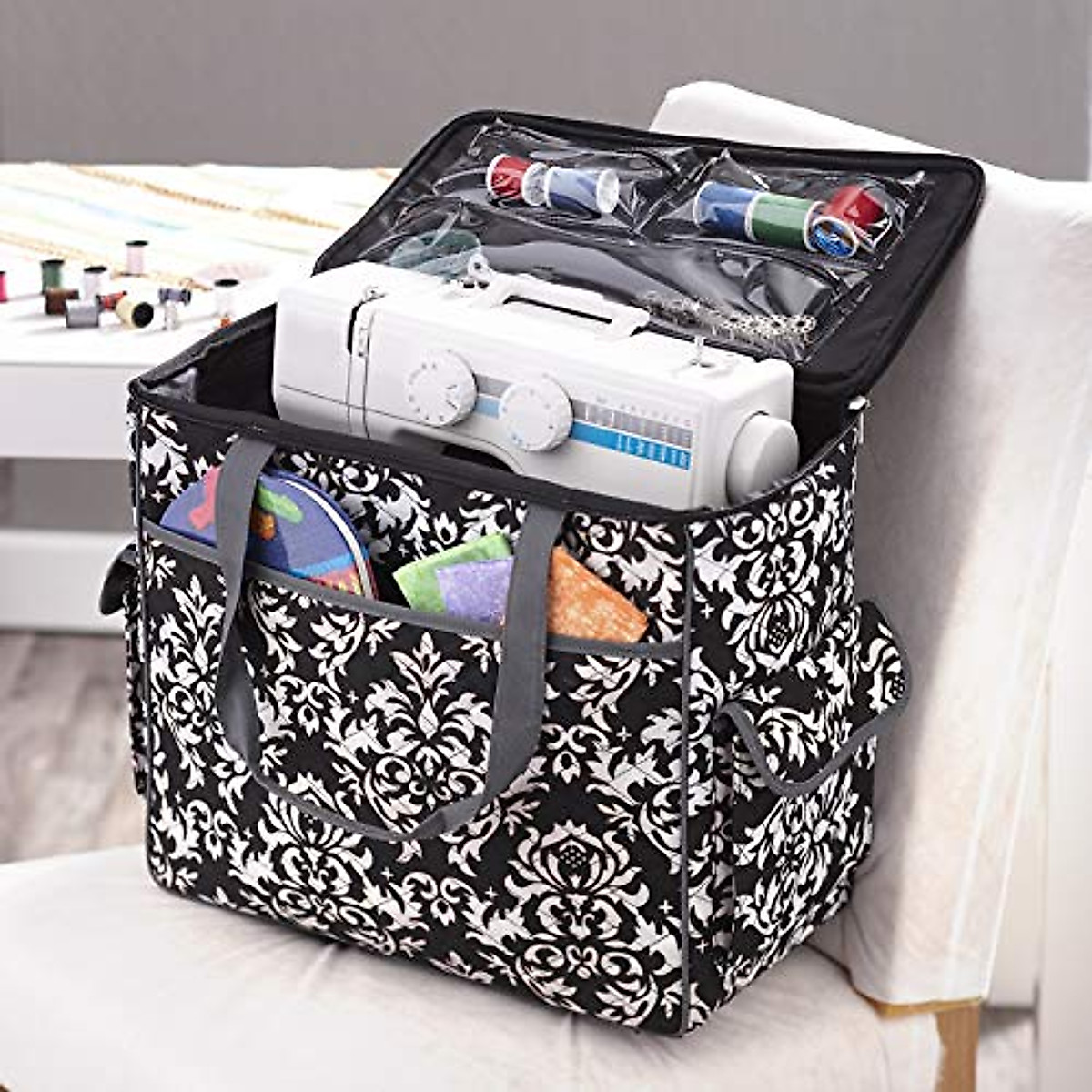 Sewing Accessories Rolling Sewing Machine Tote with 6 Storage Pockets - Damask,LARGE