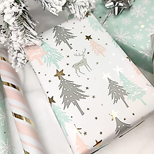 LDGOOAEL Mini Short Small Christmas Wrapping Paper Roll with Cut Lines on Reverse (17" X 120" Per Roll) - Peachy Pink & Mint Blue - Snowflakes, Reindeer for Holiday, Birthday, Wedding, Baby Shower