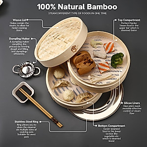 PSC GOODS Bamboo Steamer Basket | 2-Tier Handmade Basket Dumpling Steamer Basket-Traditional Design Steamer Basket for Cooking Dumpling Bao Bun, Rice Potsticker Steaming Chinese Asian Food & Vegetables