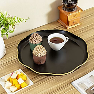 MyGift Modern Art Deco Matte Black Metal & Brass Tone Rim Serving Platter w/Scalloped Edges - 12-Inch Round Vanity Tray Display - Handcrafted in India