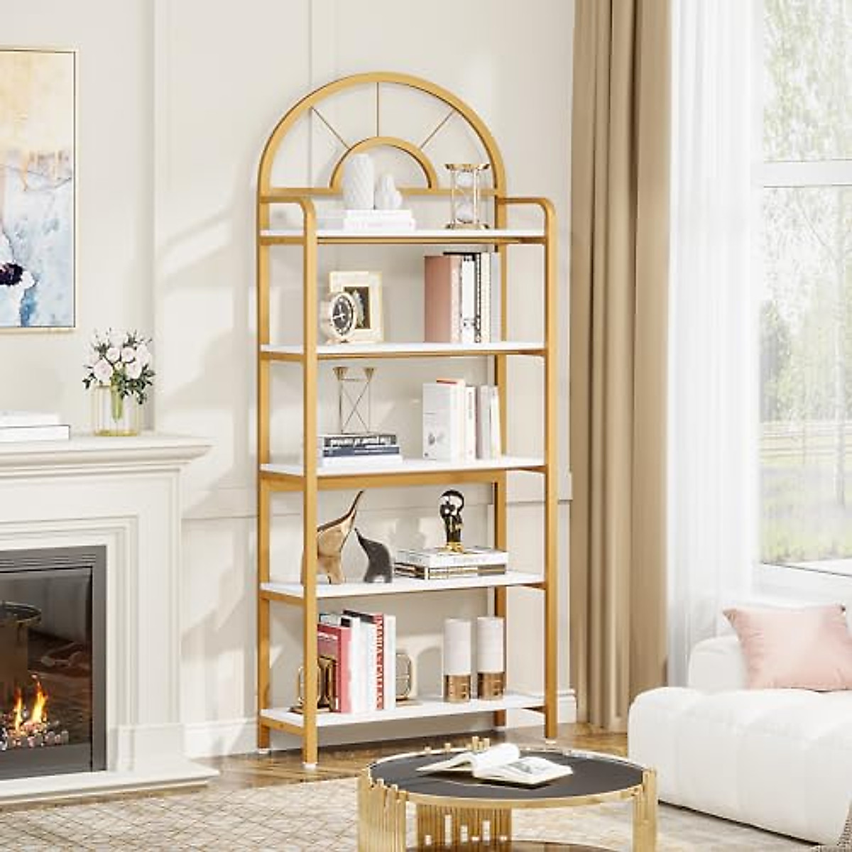 Tribesigns White and Gold Arched Bookshelf 5 Tier Bookcase, Gold Shelves for Living Room Freestanding Tall Display Shelf, Decorative Shelf for Bedroom