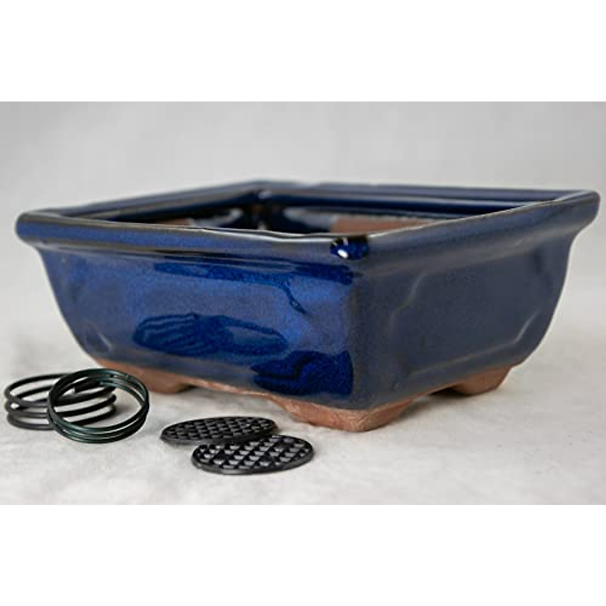 Rectangular Blue Glazed Cactus & Succulent Planter, Bonsai Pot + Mesh + Wire - 6"x 4.5"x 2.25"