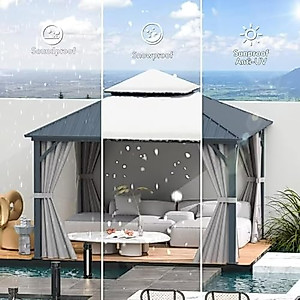 Domi 12’ X 12’ Hardtop Gazebo Canopy with Netting & Curtains, Outdoor Aluminum Gazebo with Galvanized Steel Double Roof for Patio Lawn and Garden, Gray