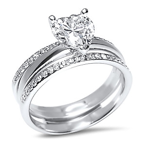 His Hers TRIO 3 PCS Sterling Silver Titanium Wedding Ring Set Heart CZ Simulated Diamond for Him Her