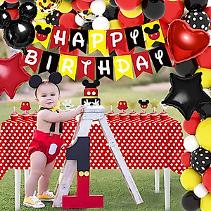 Mouse Birthday Party Supplies for Boys 1st 2nd 3rd Year Birthday Baby Shower Decoration Pack (117 Pcs including Backdrop, Tablecloth, Banner, Cupcake Toppers, Headband, Balloons, etc.)