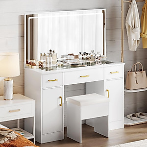 WAYES 43.3" Clear Glass Top Makeup Vanity Desk Set with LED Mirror, Charging Station, and Storage Stool, Modern, White