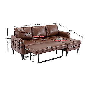 PU Leather Pull Out Sleeper Sofa Bed with Chaise, Comfy L Shaped Convertible Sleeper Couch with Storage and Pocket, Sectional 3 Seat Couch for Living Room Furniture or Office, Smooth Back - Brown
