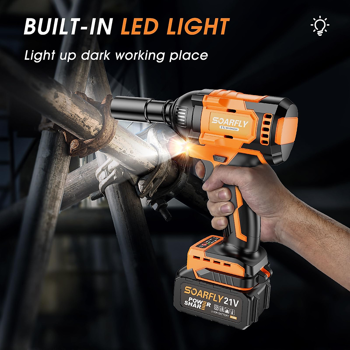 SoarFly Impact Wrench, 1/2" Impact Gun, 400N.M (300Ft-lbs) Brushless Motor Power Impact Driver, Cordless Electric Impact Wrench with 4.0Ah Battery, 1 Fast Charger, 6PCS Sockets, 1 Extension Bar