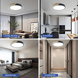 LED Ceiling Light, Minimalist Flush Mount Ceiling Light Fixture, 4500K, Close to Ceiling Light Fixtures with Black Metal and Wood Design, Round Ceiling Lights for Bedroom Closet Hallway