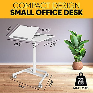 Mobile Adjustable Height Standing Desk - Rolling Laptop Desk Pneumatic Height Adjustable - Portable Workstation Computer Table Stand - Mini Standing Desk for Small Office Spaces