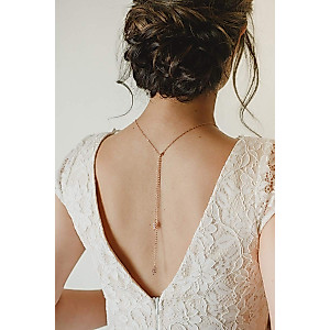 SWEETV Rose Gold Crystal Wedding Bridal Backdrop Necklace for Brides, Cubic Zirconia Dainty Vine Back Pendant Necklace for Women, Bridesmaid Gift