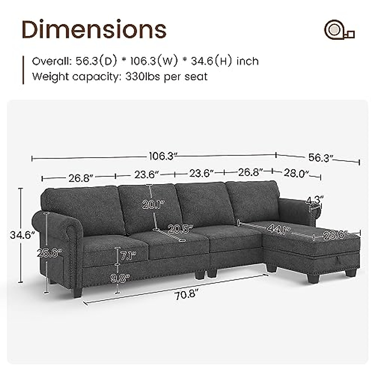 Nolany Convertible Sectional Sofa L-Shape Sectional Couch with Reversible Chaise 4 Seat Sectional Sofa Couch for Small Space Dark Grey