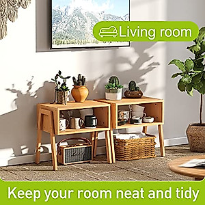 End Table Set of 2 Bamboo Stackable Bedside Table Living Room Nightstand 2-Tier Storage Shelf Wood Sofa Table for Small Space Bed Room Living Room