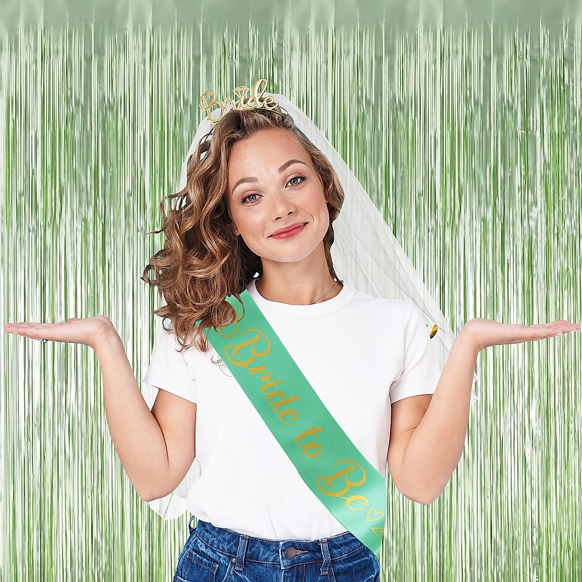 Vlipoeasn 33PCS Bachelorette Party Decorations - Green Bride to Be Party Decoration Kit, Bride to Be Sash, Crown, Veil, Foil Curtains, Champagne Bottle Goblet Balloons, Bridal Shower Party Supplies