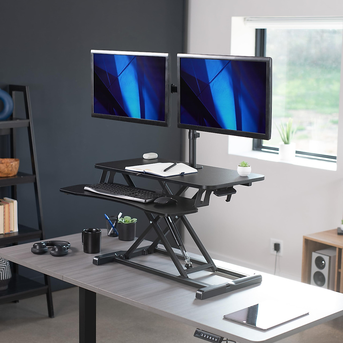 VIVO Height Adjustable 32 inch Standing Desk Converter with Dual 13 to 30 inch Monitor Stand, Sit Stand Monitor Mount and Desk Riser, Black, DESK-V000K-M2