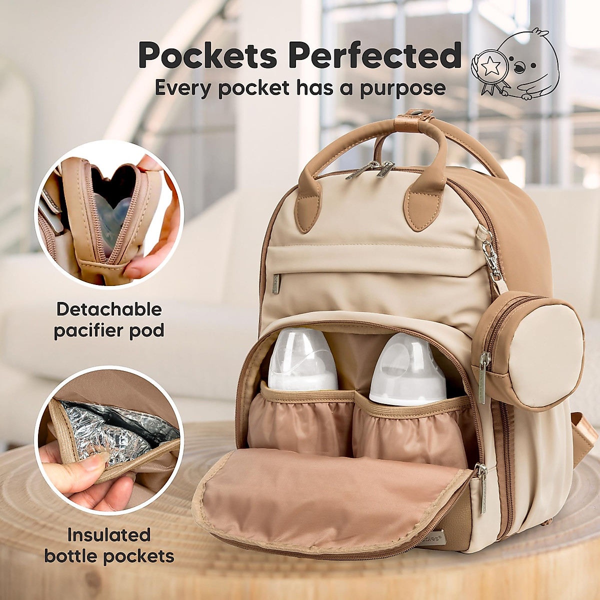 KeaBabies Diaper Bag Backpack - Multifunctional Travel Diaper Back Packs,Maternity Baby Changing Bags, Compact 12L Capacity, PU Leather,Waterproof, Unisex,Stylish Nappy Bag, Diaper Changing Pad(Latte)