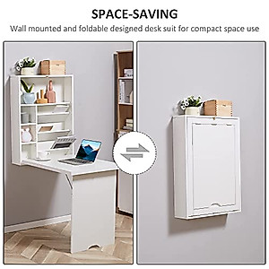 HOMCOM Compact Fold Out Wall Mounted Convertible Desk with Storage, White
