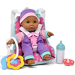 Dolls To Play Baby Doll Car Seat with Toy Accessories, Includes 10 Inch Soft Body Baby Doll, Booster Seat Carrier, Rattle Toy, Bib and Bottle, A Travel Gift Set for Toddlers Infants Girls and Boys