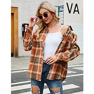 Blooming Jelly Womens Long Sleeve Shirts Flannel Plaid Tops 2023 Button Down Casual Fall Outfits Shacket(Medium, Orange Plaid)