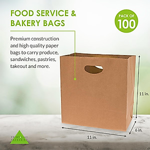 Prime Line Packaging Brown Paper Bags with Die Cut Handles for Food To Go, Bread, Take Out Goodie, Restaurant, Small Business, Bulk, 11x6x11, 100 Pack