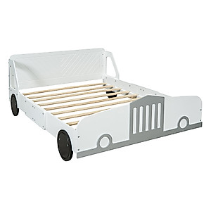 MiHunnor Kids Race Car Bed, Full Size Car-Shaped Platform Bed with Wheels, Wooden Low Platform Bed with Sturdy Slat Support for Boys Girls, No Box Spring Needed (White-002)