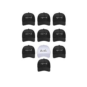 Pop Fizz Designs Bachelorette Hats ( 10 Pack) 1 White Bride Hat | 9 Black Squad Hats I Bride Tribe Baseball Caps I Bachelorette Party Favors