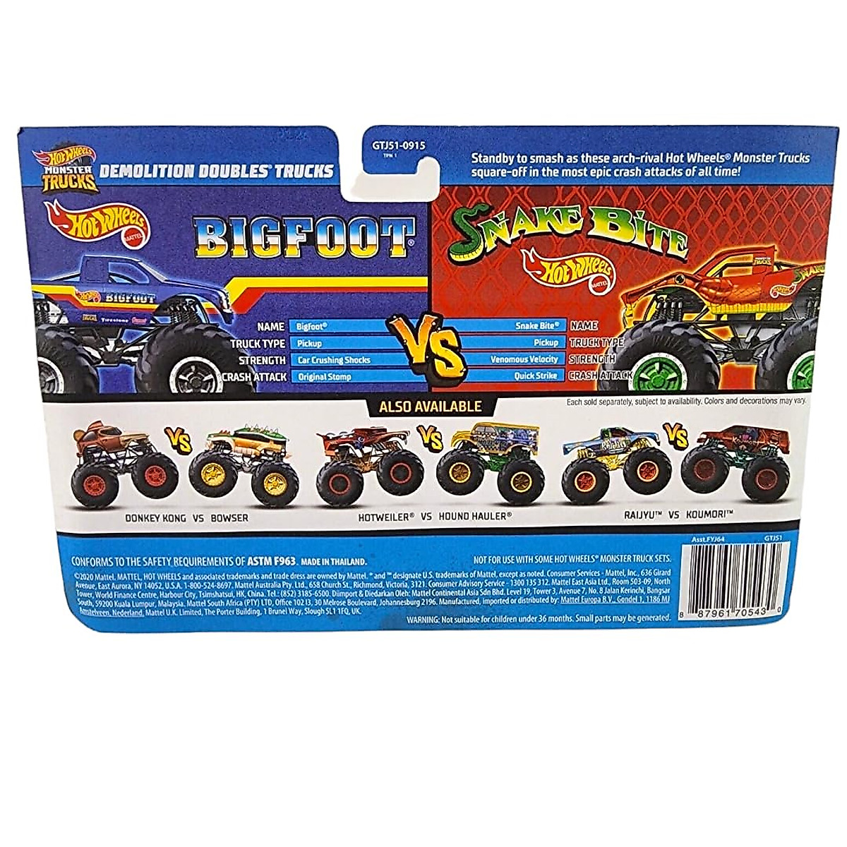 Hot Wheels Monster Trucks Bigfoot Vs Snake Bite, Demolition Doubles