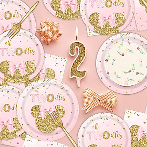 96 PCS Cartoon Mouse 2nd Plates and Napkins Party Supplies Girls Oh Twodles Mouse Happy 2nd Birthday Tableware Set Two Years Old Birthday Dinnerware Party Decorations Serve 24 Guests