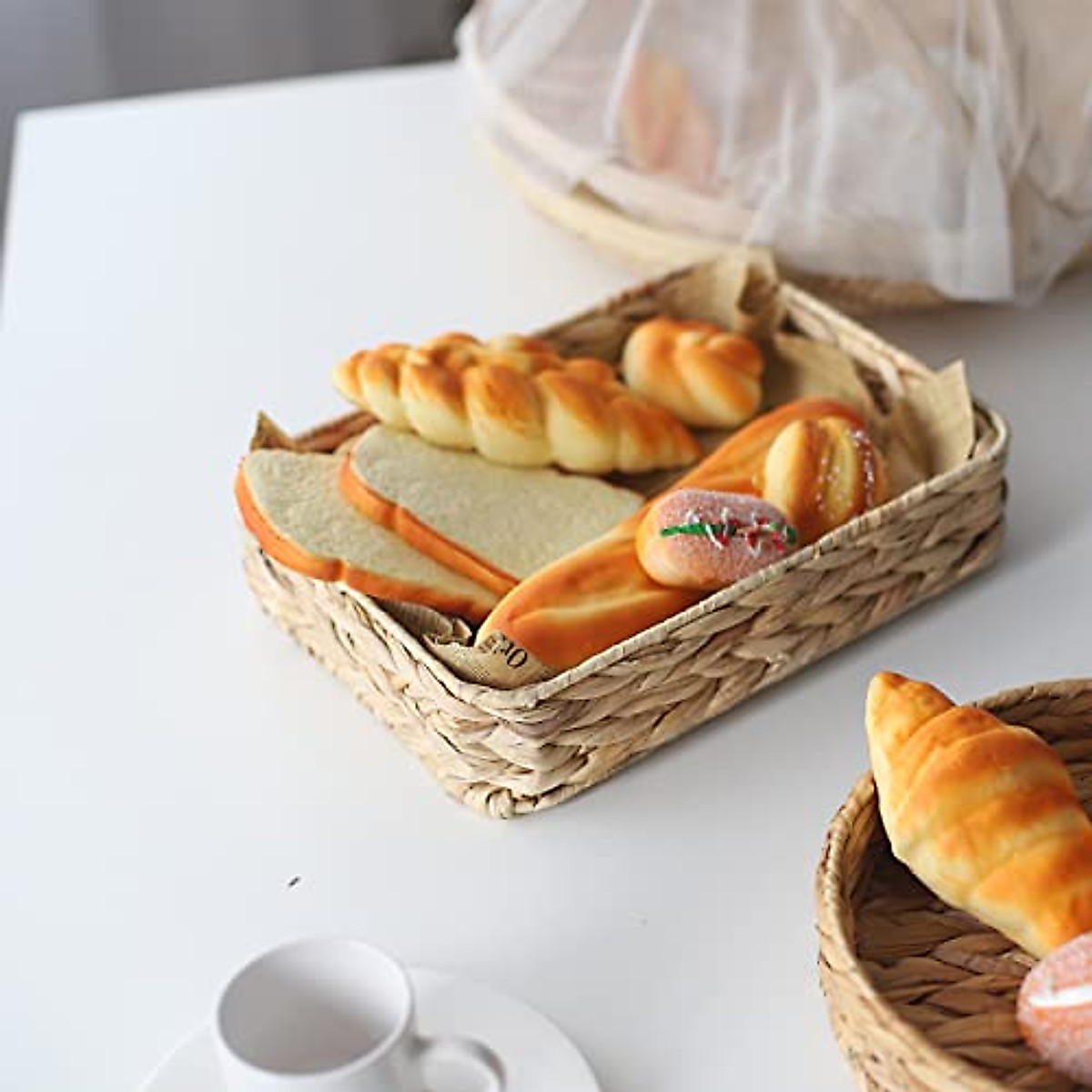 Water Hyacinth Woven Serving Tray Rectangular Hand-Woven Wicker Storage Trays for Coffee/Breakfast/Dessert/Fruit/Bread (Original Color - Large)