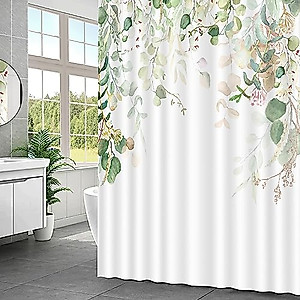 QOQIBU Green Plant Shower Curtain for Bathroom with 12 Hooks,Waterproofing Enhanced Shower Curtains with Eucalyptus Leaf Plant Pattern,Floral Shower Curtain Inspired by Nature for Decoratin-72 x72