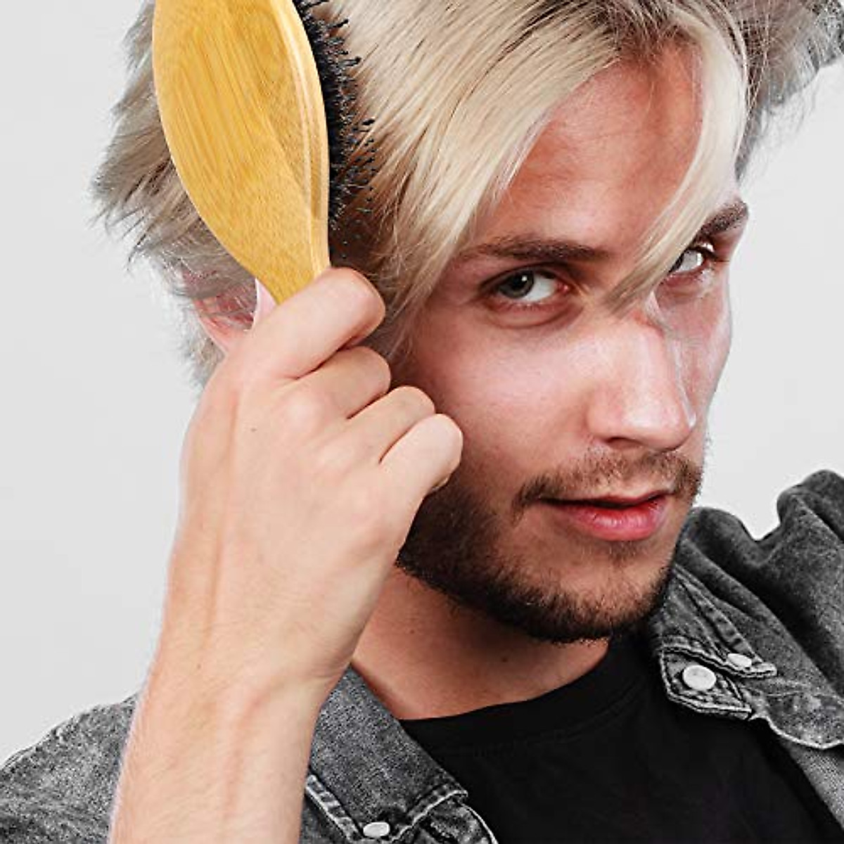 Natural Boar Bristle Wooden Bamboo Paddle Brush - Best Detangler for Women & Men's Curly and Thick Hair, Anti-Static, Reduces Hair Breakage