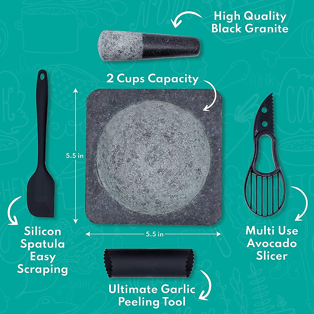 Large Mortar and Pestle Set with Garlic Peeler, Avocado Slicer and Spatula – Authentic Granite Stone Mexican Molcajetes Mortar and Pestle – Ideal for Grinding Spices and Herbs - Grinder - Crusher