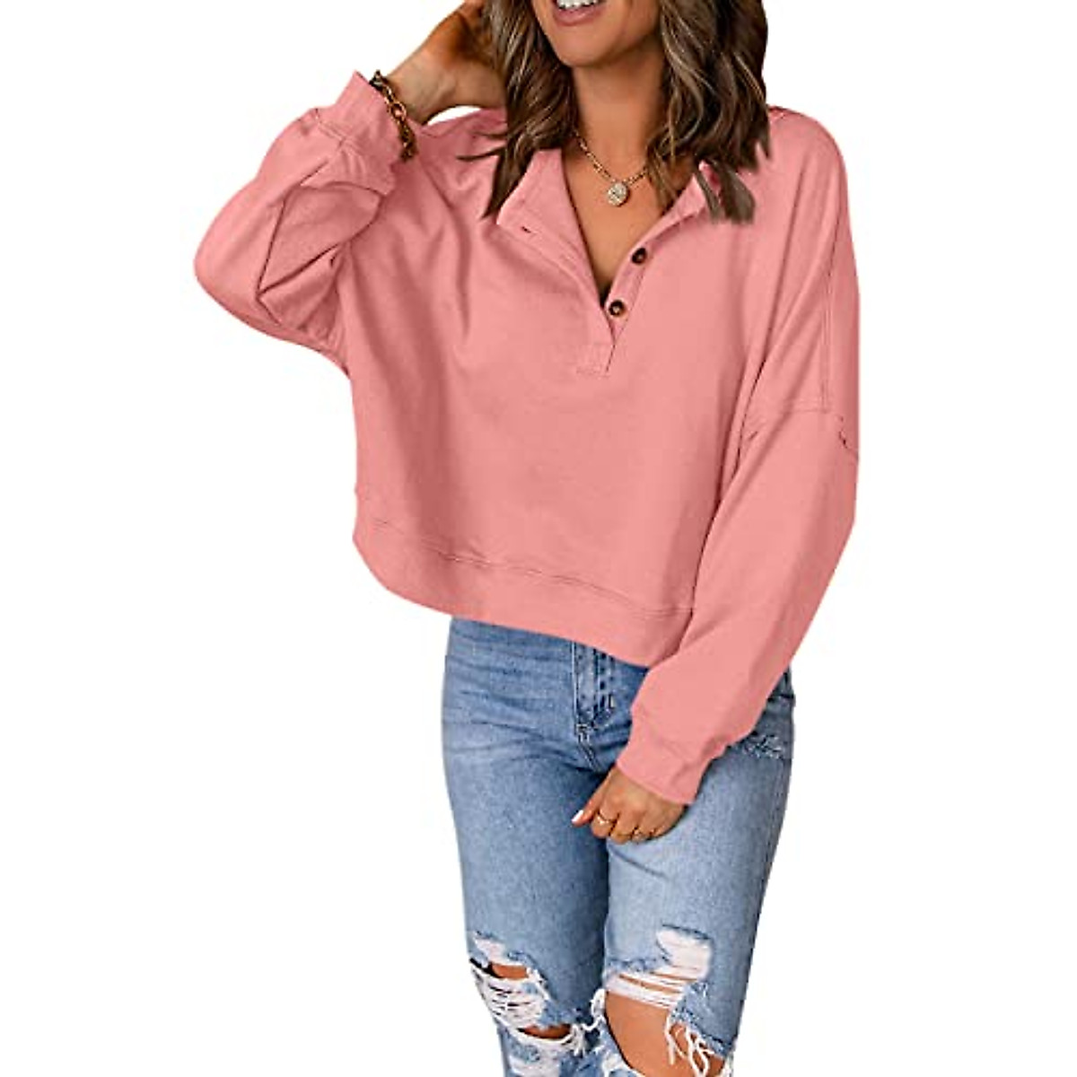 Womens Casual Long Sleeve Sweatshirts Button Up V Neck Sweatshirt Loose Solid Pullover Tops Pink