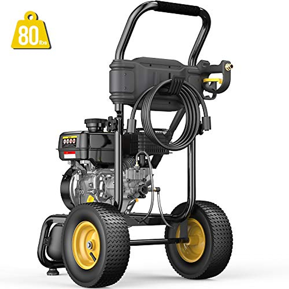 BLUBERY 3500PSI Gas Pressure Washer, 13'' Pneumatic Anti-Skid Tires, 50FT Hose&Soap Container, 2.6GPM 212CC Power Washer, 5 Adjustable Nozzles, CARB&EPA CERT