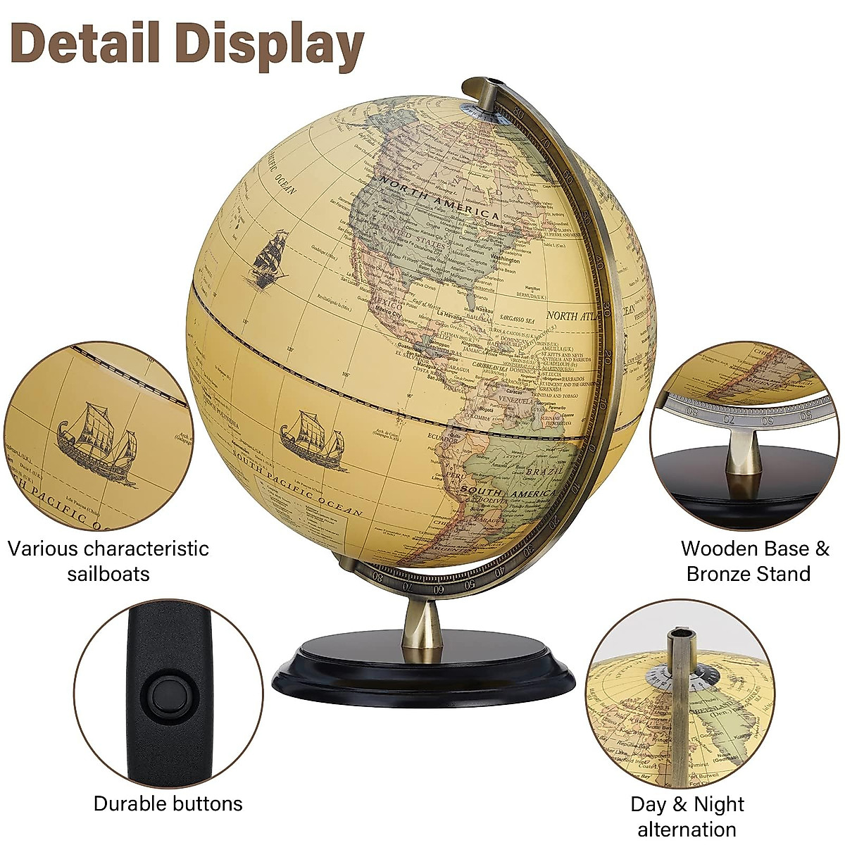 12'' Retro Illuminated World Globe with Wooden Stand, 2-1 Educ & Décor Antique Night Light up Globe Built in LED & HD Printed Map, Antique Illuminated Globe for Adults & Kids, Home Décor, Office