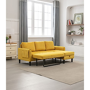 RXRRXY Sectional Sleeper Sofa Bed with Convertible Storage Chaise Lounge, Upholstered L-Shaped Pull Out Sofa Couch Bed with Side Pocket and 3 Removable Pillows for Living Room, Apartment (Yellow)