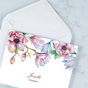 Magnolia Personalized Note Card Set - 24 Cards with White Envelopes, 4¼ x 5½ Inch Size, Blank Inside, Add a Name, For Thank You Notes, or Graduation Gifts…