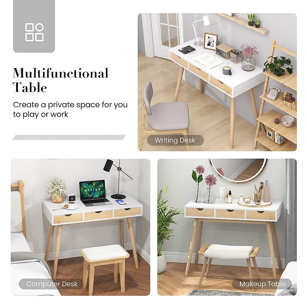 Tangkula Mid Century Desk with 3 Drawers, Home Office Writing Desk, Wooden Laptop Study Desk with Solid Rubber Wood Legs, Computer Workstation, Makeup Vanity Desk for Bedroom