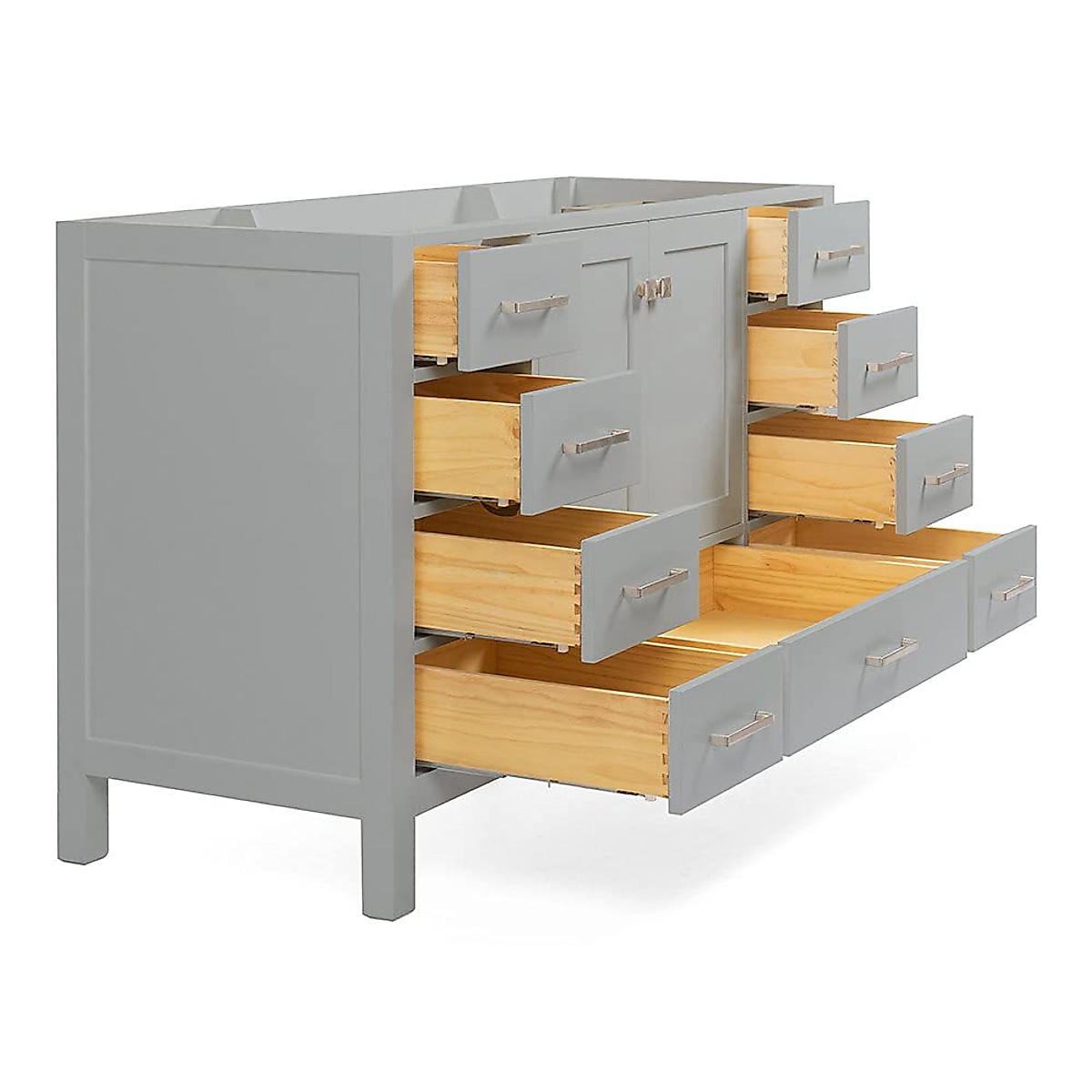 ARIEL 54" Grey Bathroom Vanity Base Cabinet, Single Sink Configuration, 2 Soft Closing Doors, 9 Full Extension Dovetail Drawers, Brushed Nickel