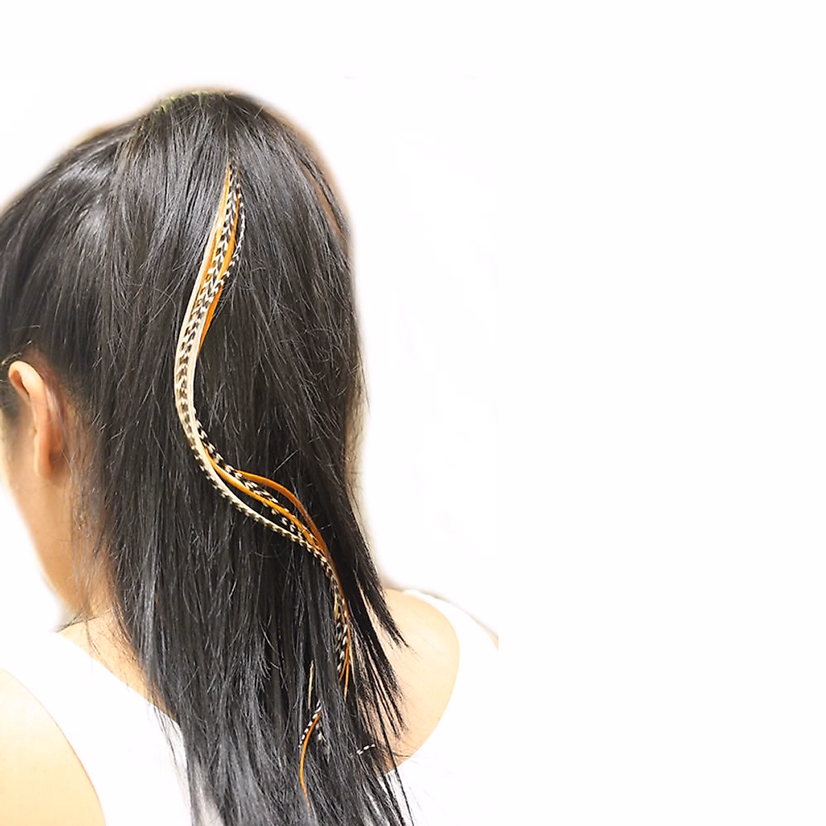 Natural Beige and Brown Feather Hair Extension – Ranging from 8 to 12 Inches, Seven Genuine Rooster Feathers Bonded Together, Includes Two Silicone Micro Beads